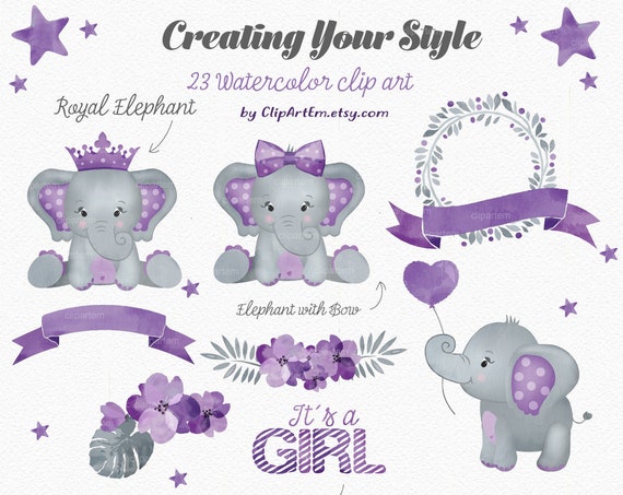 Purple Elephant Clip Art Watercolor. Watercolor Baby Peanut - Etsy