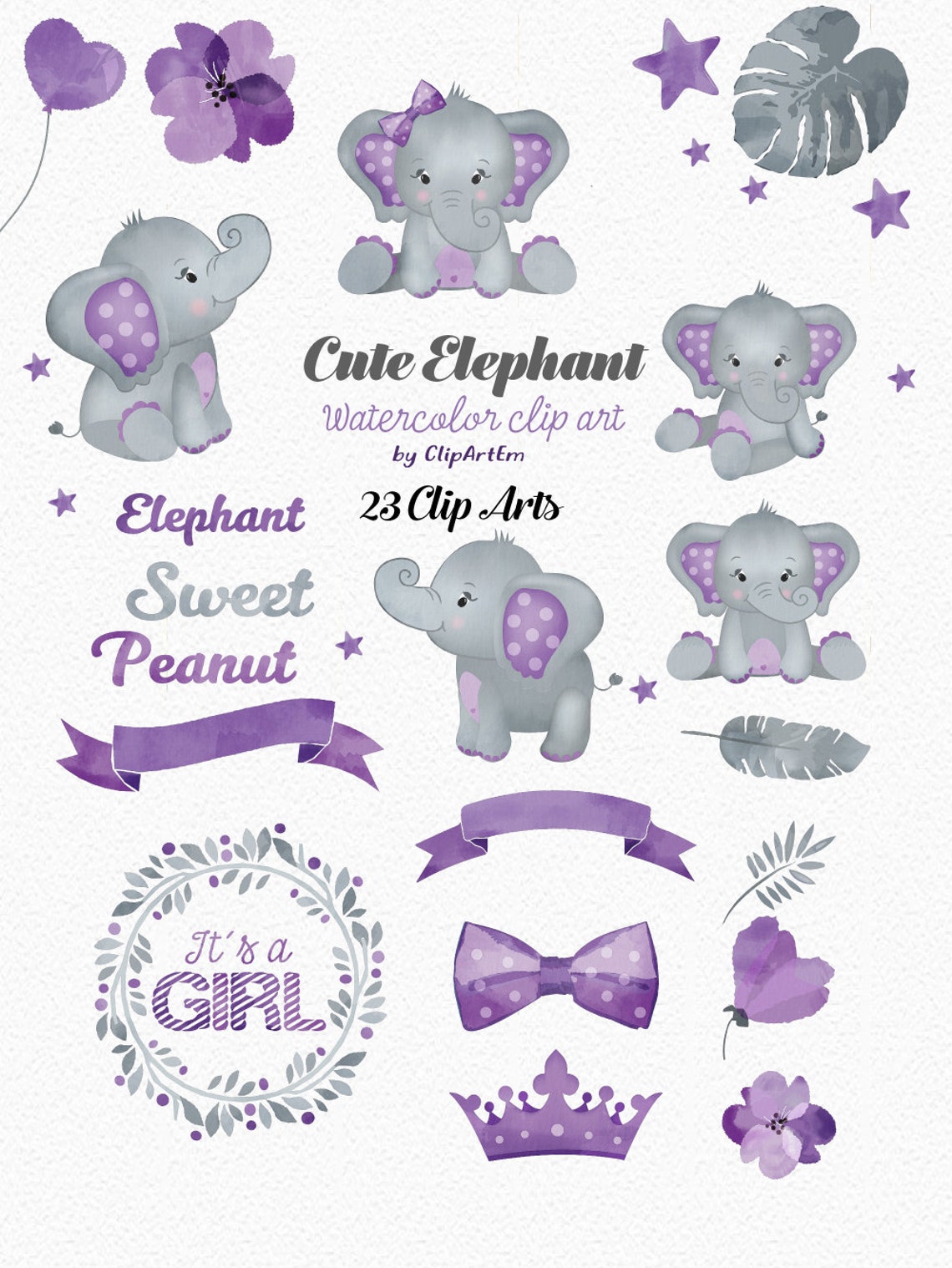 Purple Elephant Clip Art Watercolor. Watercolor Baby Peanut - Etsy