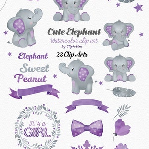 Purple Elephant Clip Art, Watercolor. Watercolor Baby Peanut Clipart ...
