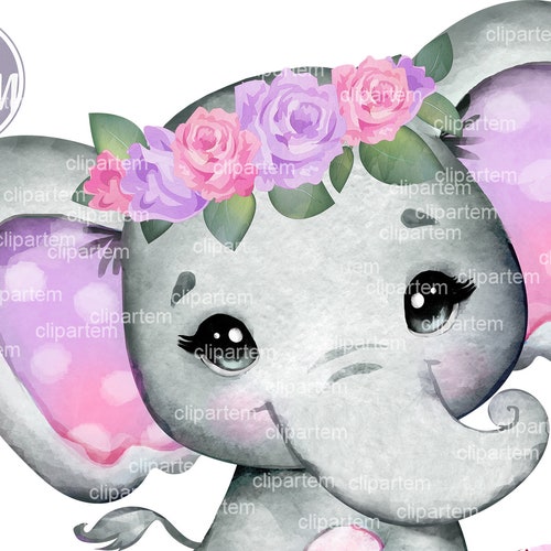 Purple Floral Elephant Clip Art Watercolor Cute Little - Etsy