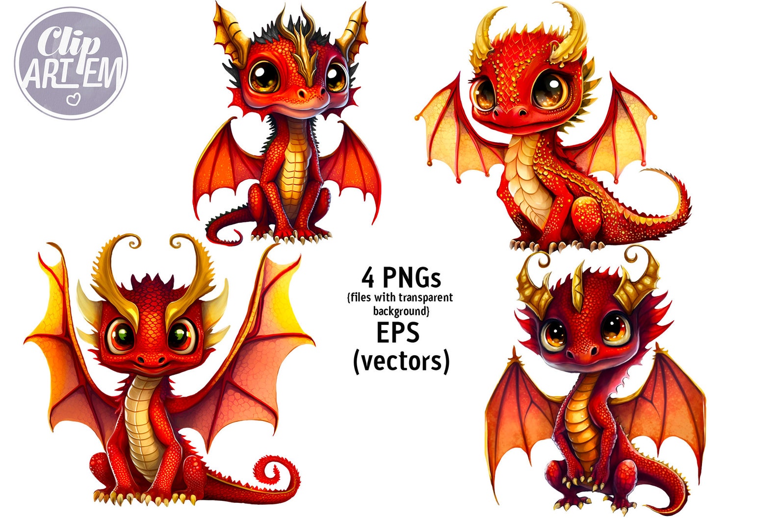 Red Dragon Clip Art, Set of 4 Cute Red Dragons Images for Nursery ...