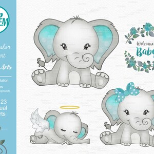 Turquoise Elephant Clip Art, Watercolor. Baby Elephant Clipart, Gray ...