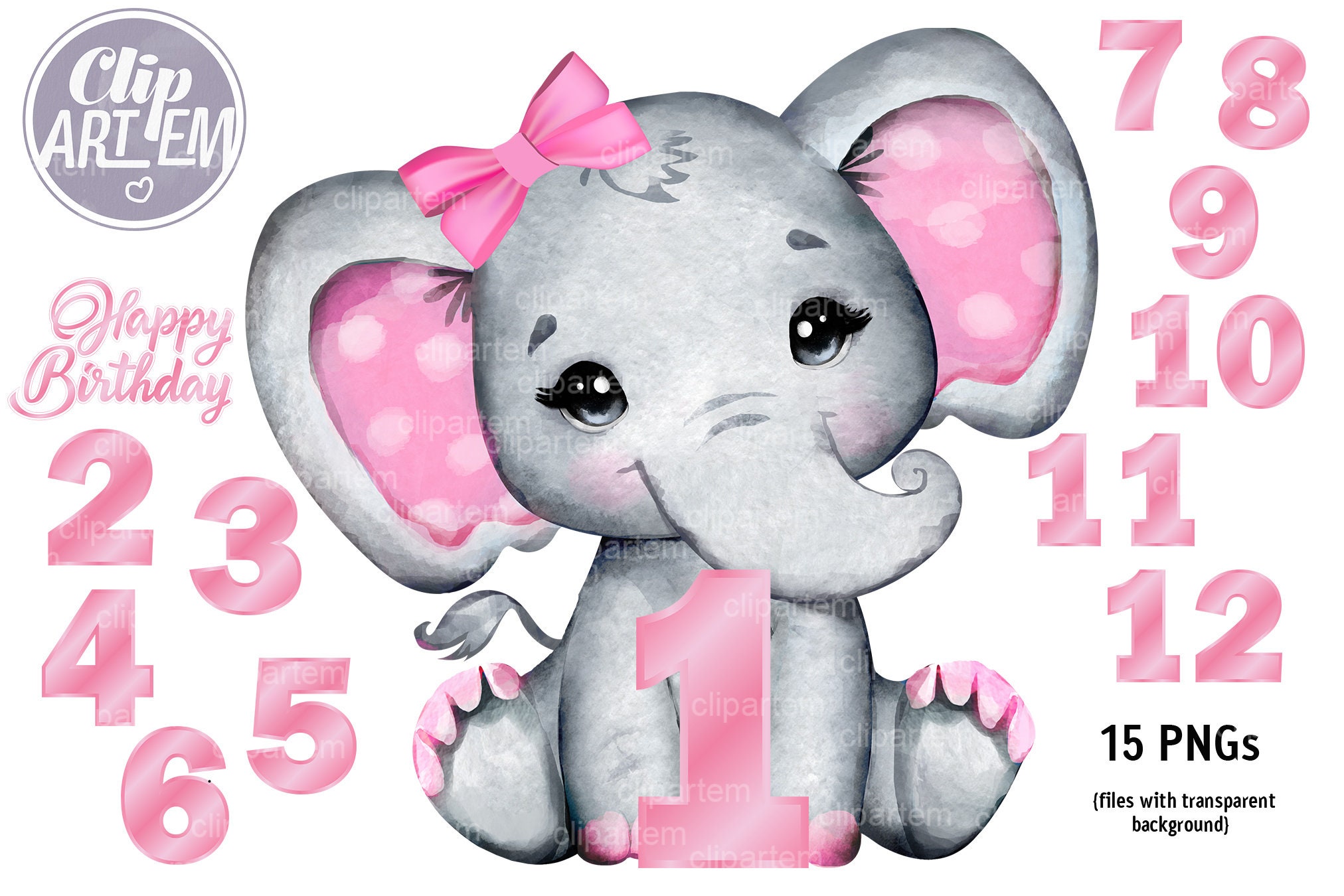 Girl Elephant 1 to 12 Month Numbers Pink Watercolor Clip Art - Etsy