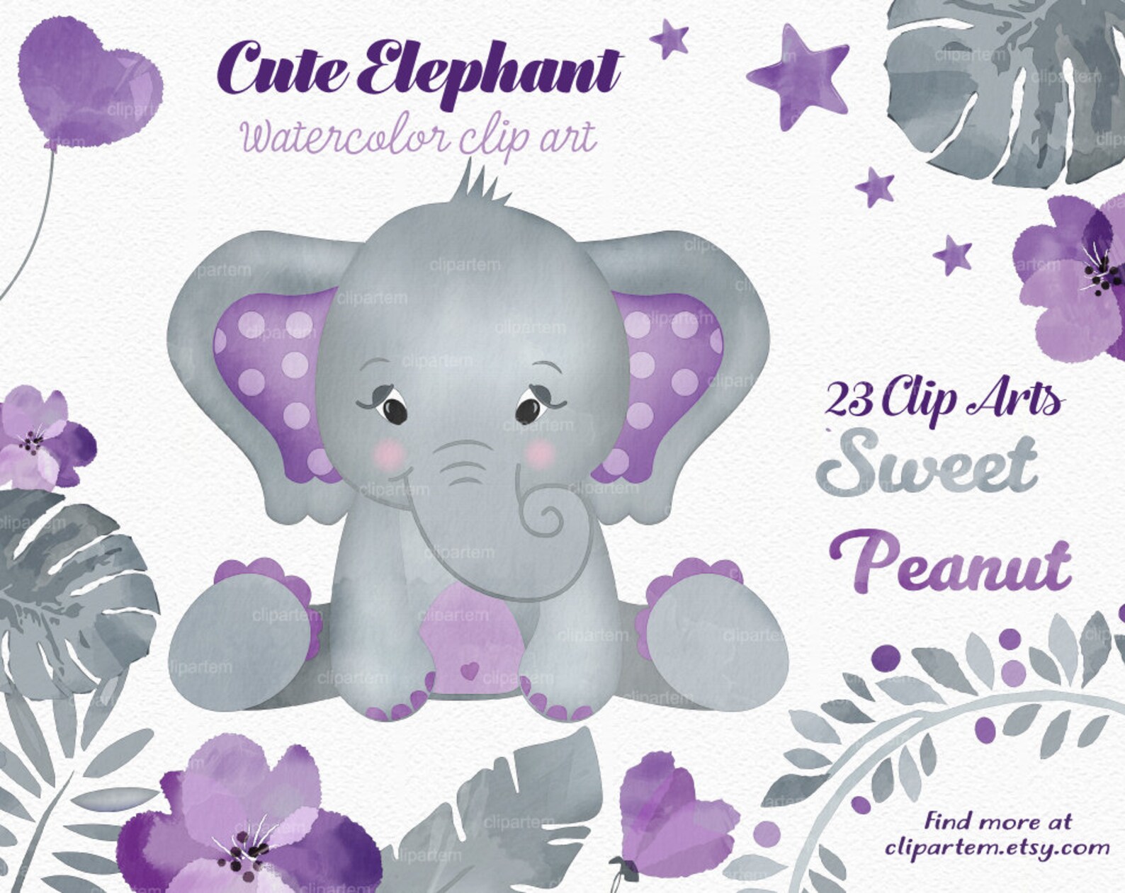 Purple Elephant Clip Art Watercolor. Watercolor Baby Peanut - Etsy