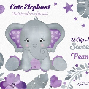 Purple Elephant Clip Art, Watercolor. Watercolor Baby Peanut Clipart ...