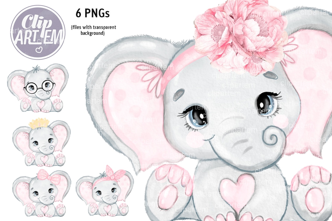 Blush Pink Elephant Watercolor, Pink Bow Princess Baby Elephant ...