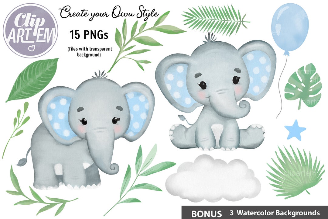Boy Elephant Clip Art, Cute Little Watercolor Blue Elephants With Light ...