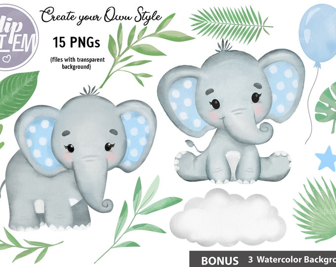 Boy Elephant Clip Art, Cute Little Watercolor Blue Elephants With Light ...