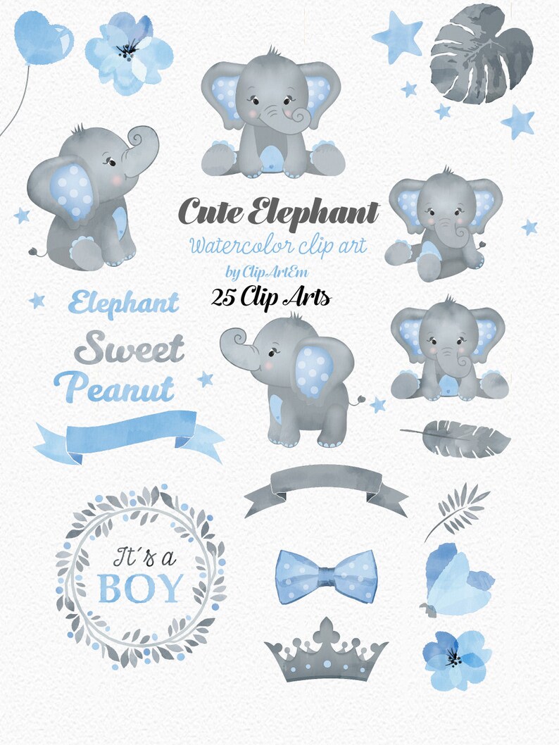 Elephant Boy Clip Art, Watercolor. Watercolor Baby Peanut Clipart, Blue ...