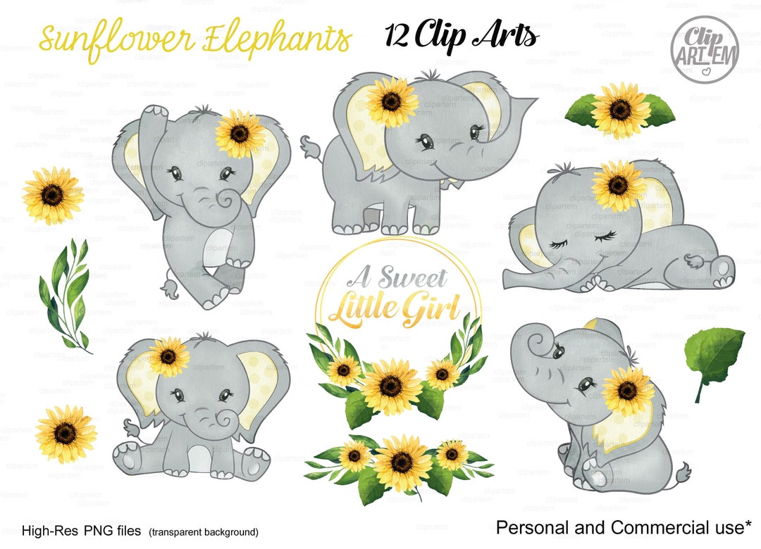 Sunflower Elephant Watercolor Clip Art Set for Creative Projects, Decor ...