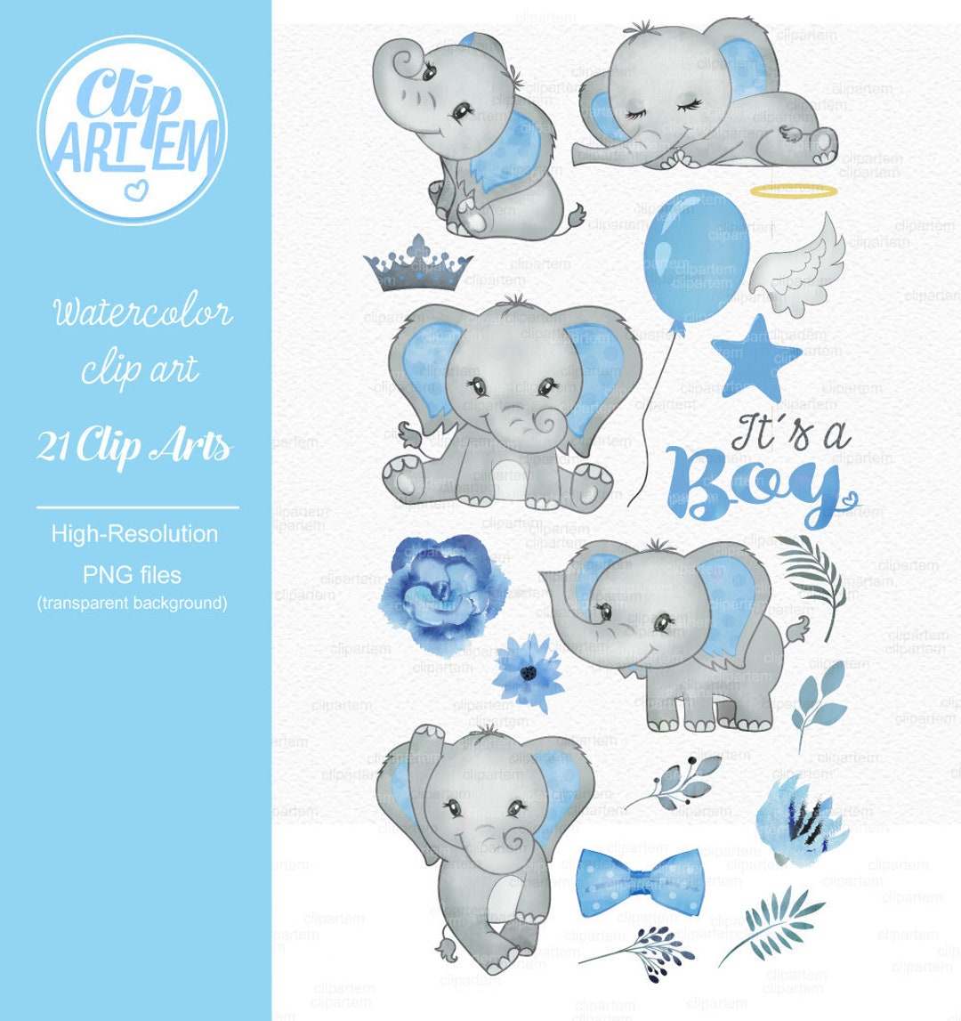 Elephant Boy Clip Art, Watercolor. Watercolor Baby Peanut Clipart, Blue ...