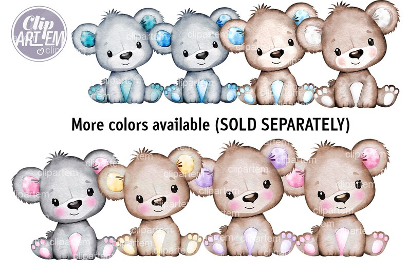 Watercolor Brown Blue Bear Clip Art With Baby Blue Polka Ears. | Etsy