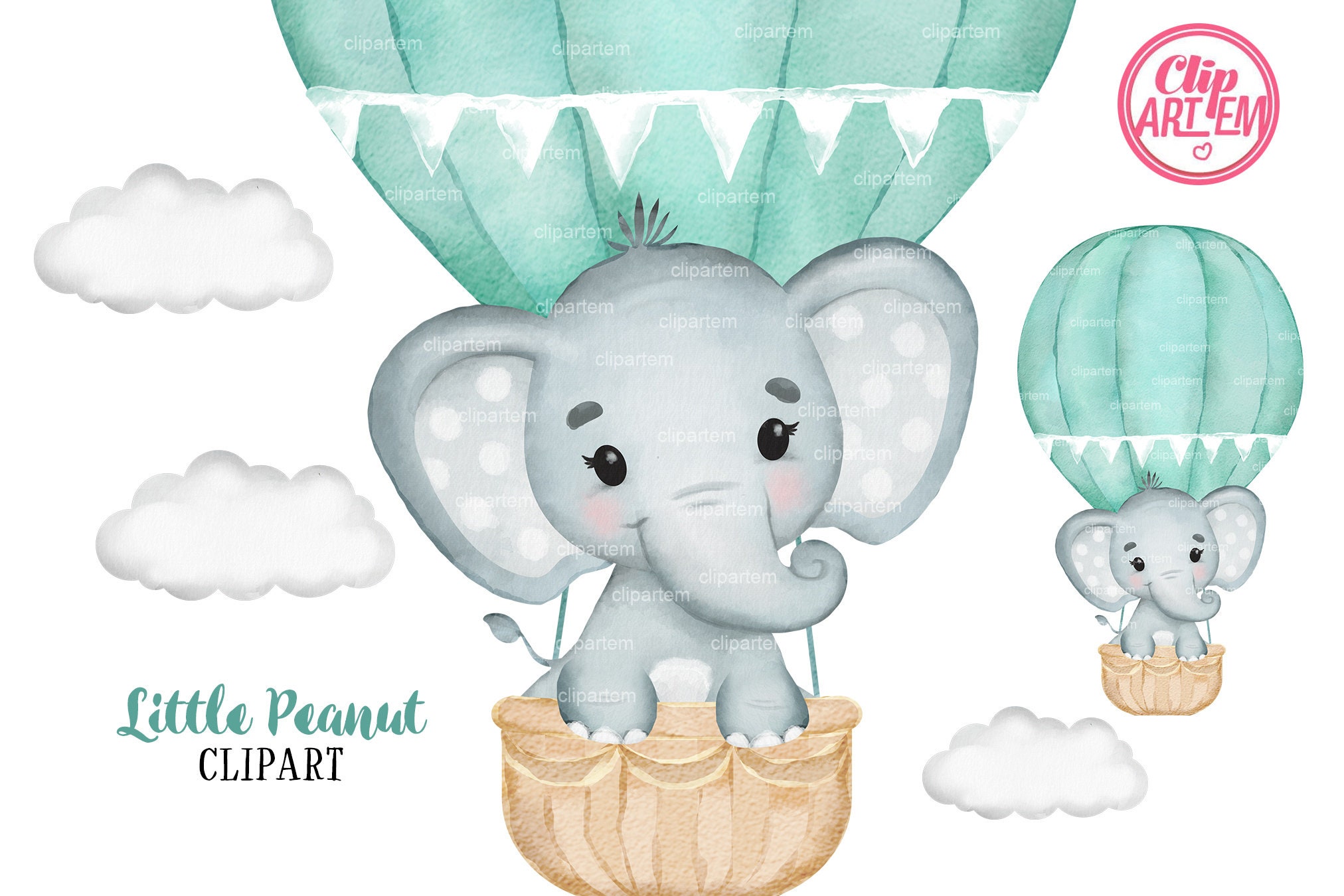 Mint Elephant Hot Air Balloon Clip Art Sublimation Boy Baby - Etsy