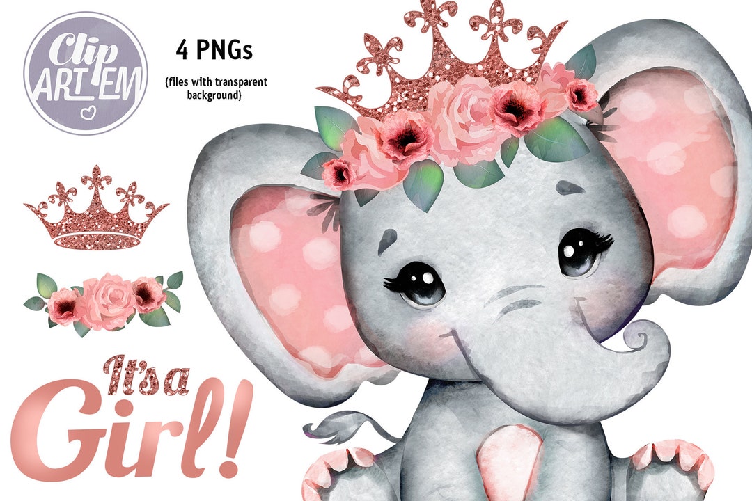 Rose Gold Baby Girl Elephant Watercolor Floral Princess Clip Art, Peach ...