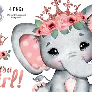Rose Gold Baby Girl Elephant Watercolor Floral Princess Clip Art, Peach ...