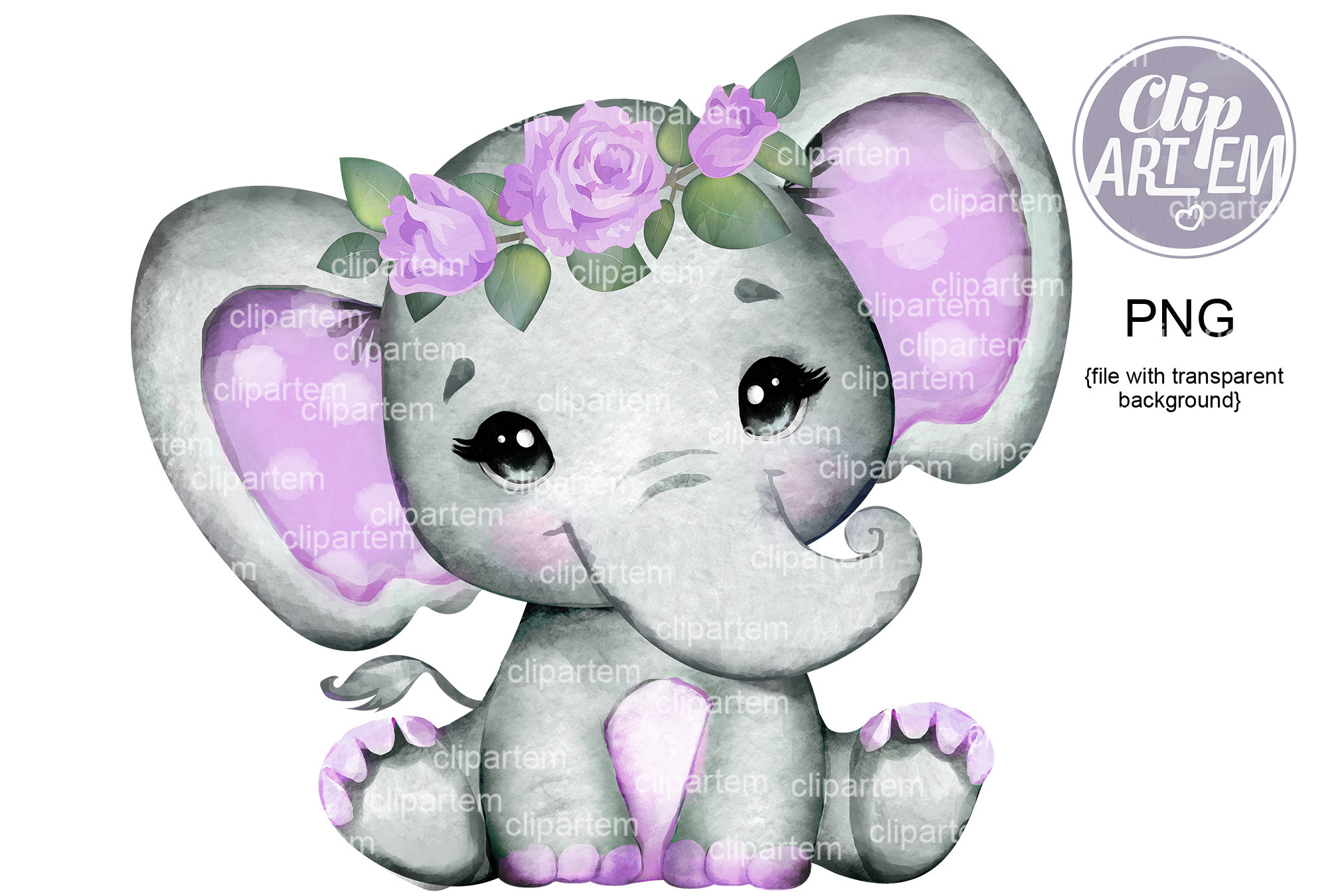 Purple Floral Elephant Clip Art, Watercolor Cute Little Peanut,lavender ...
