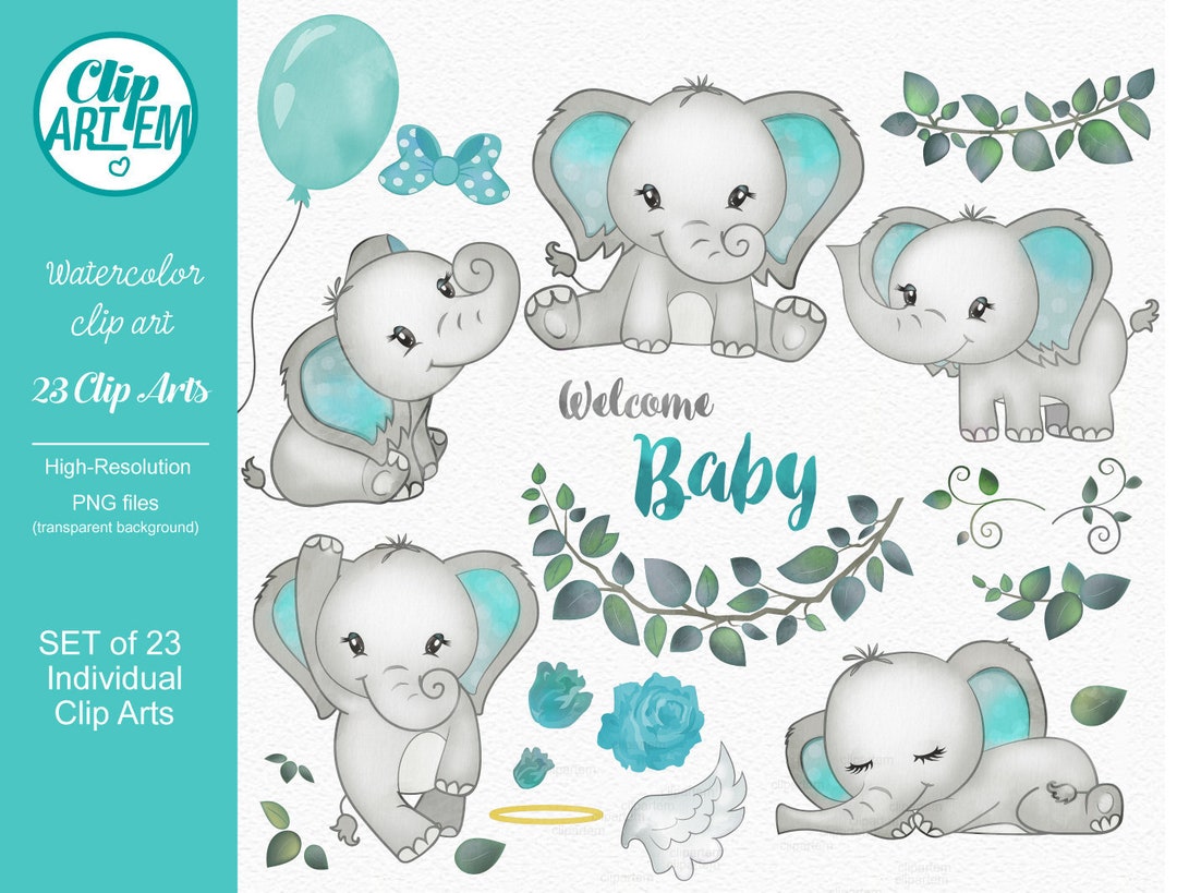 Turquoise Elephant Clip Art, Watercolor. Baby Elephant Clipart, Gray ...