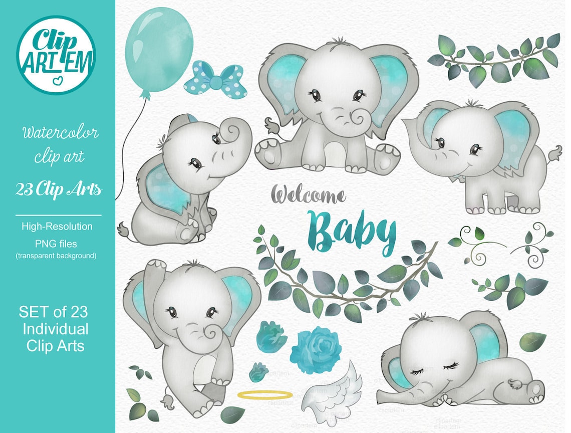 Turquoise Elephant Clip Art Watercolor. Baby Elephant | Etsy