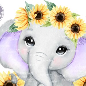 Purple Sunflower Elephant Clip Art, Watercolor Girl Elephant Decor for ...