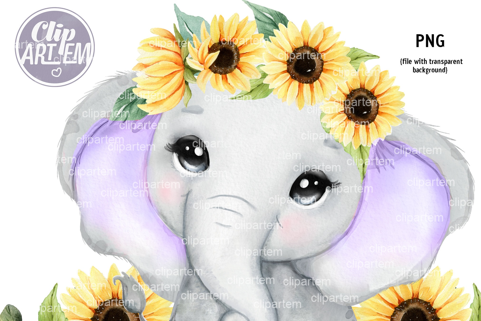 Purple Sunflower Elephant Clip Art, Watercolor Girl Elephant Decor for ...