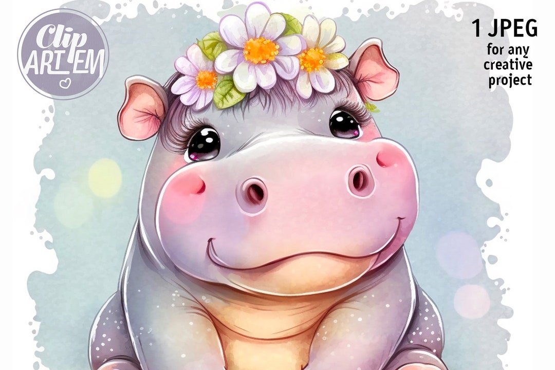 Girl Hippo With Flowers Digital Wall Decor, Printable Image of ...