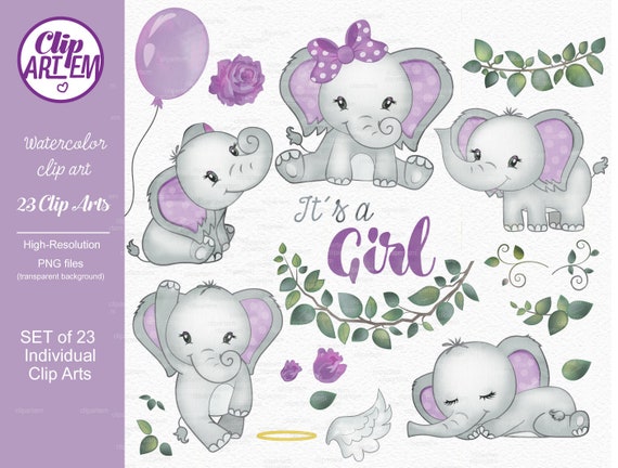 Purple Elephant girl clip art watercolor. Baby Elephant | Etsy