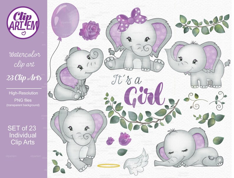 Purple Elephant Girl Clip Art, Watercolor. Baby Elephant Clipart, Gray ...