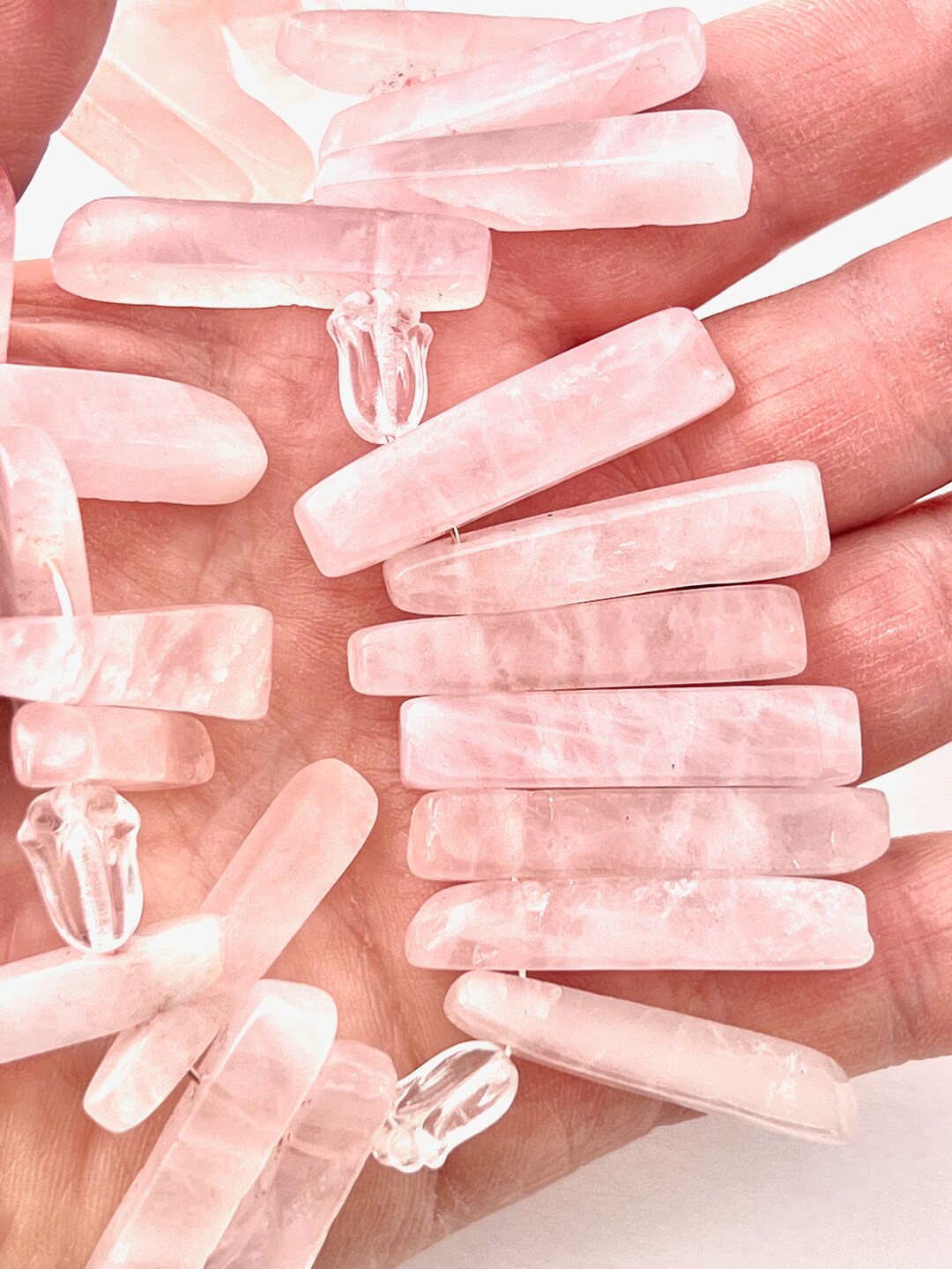 Set of Pretty Rose Quartz Paddles With Crystal Flower Beads, Boho Bead ...