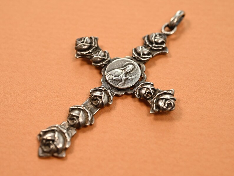 Large Cross With Roses & St. Therese, Rose Cross of Lisieux, Sterling ...