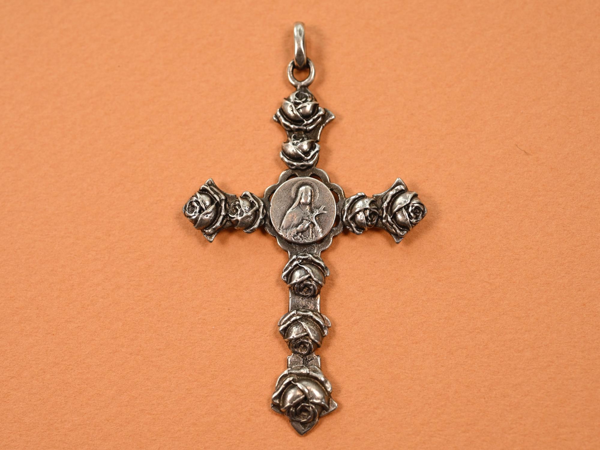 Large Cross With Roses & St. Therese, Rose Cross of Lisieux, Sterling ...