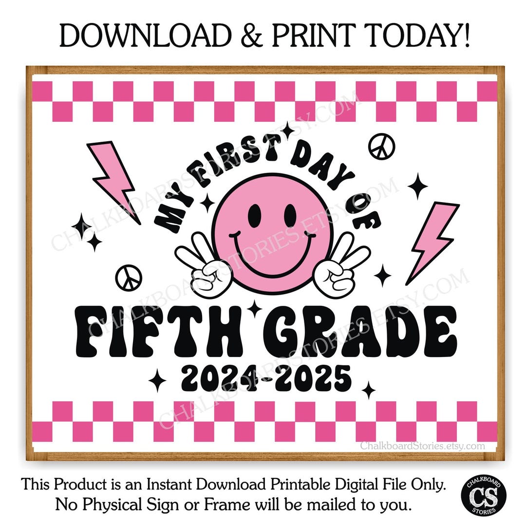 First Day of Fifth Grade Sign, Girl Retro First Day of 5th Grade, Hello ...