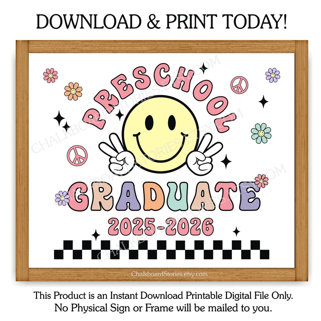 Last Day of PRESCHOOL Sign, Preschool Graduate, Boho Retro Groovy Peace ...