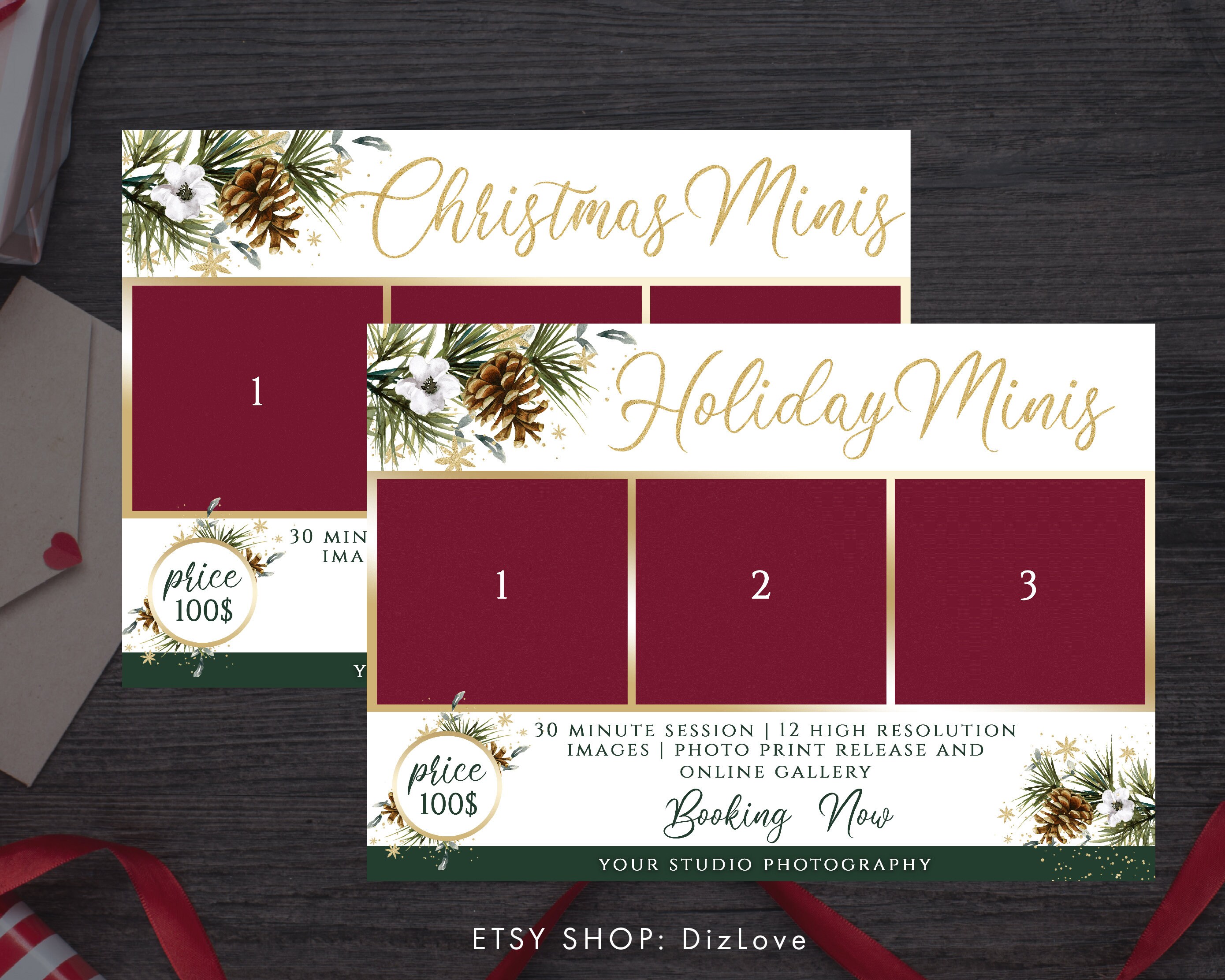 Christmas Mini Session Templateholiday Minisgreen White Gold - Etsy