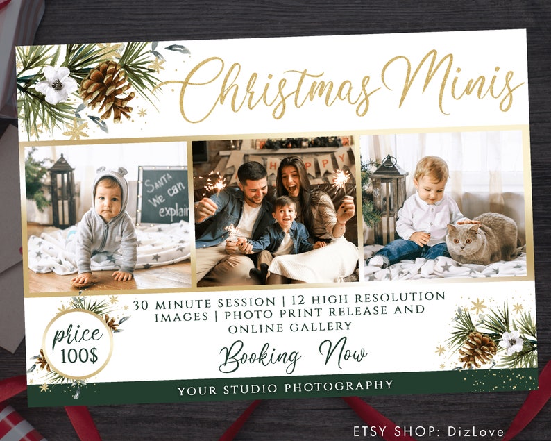 Christmas Mini Session Template,holiday Minis,green White Gold ...