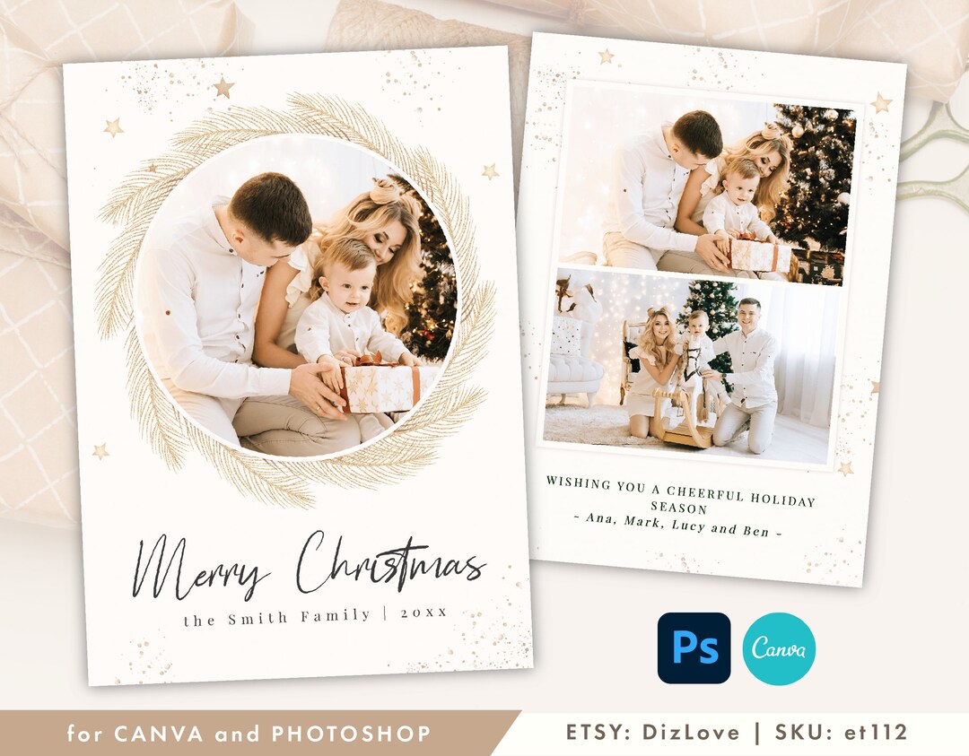 CANVA / Photoshop Gold Christmas Card Template 5x7,diy Holiday Card ...