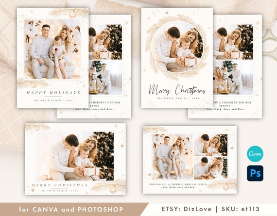 Gold Christmas Card Template Bundle Glitter Holiday Card | Etsy