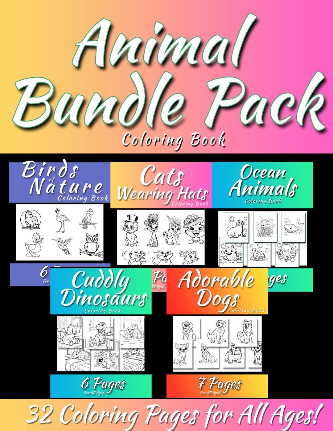 Animal Coloring Book Bundle | Birds, Dogs, Cats in Hats, Dinosaurs and ...