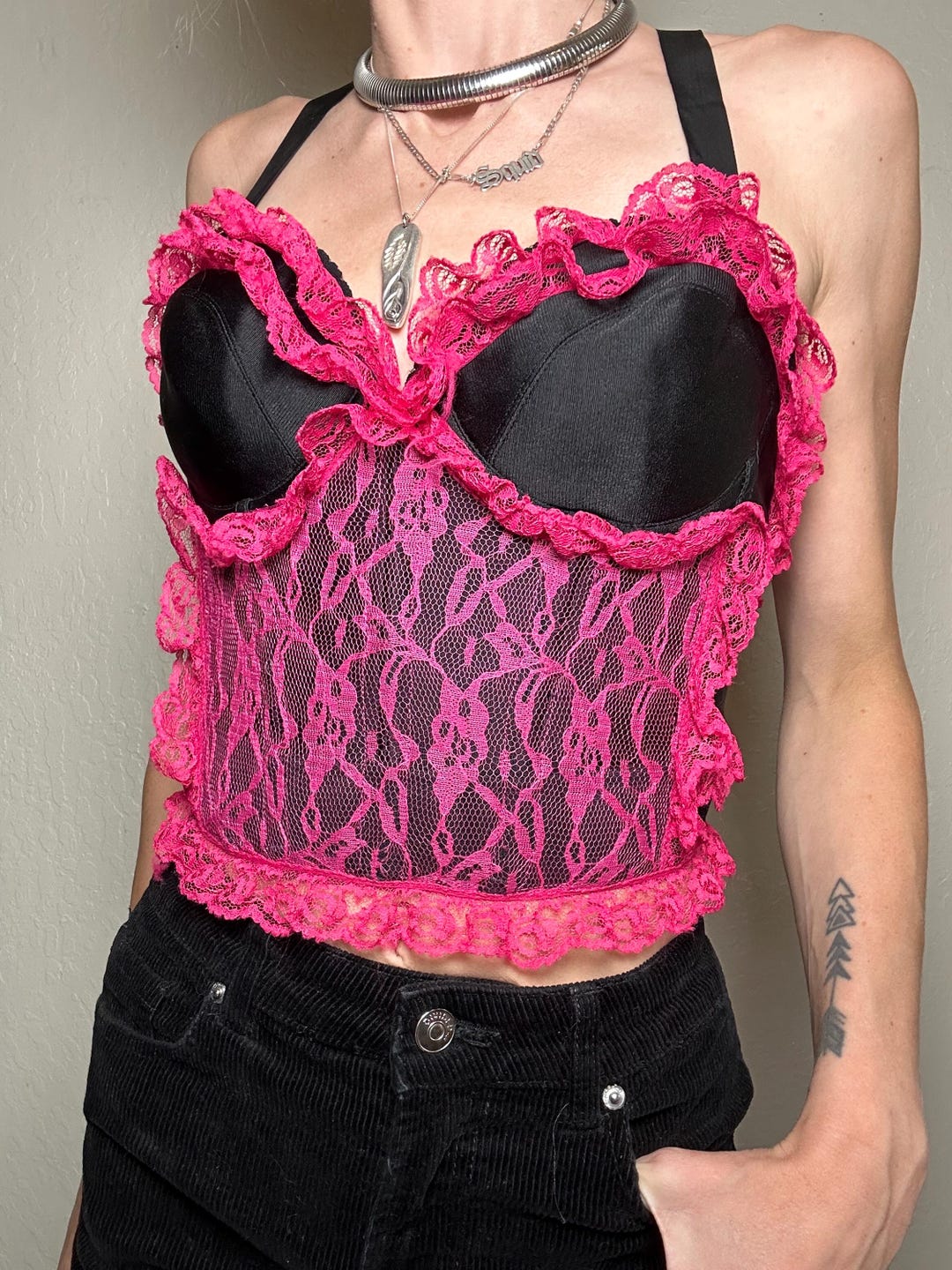 90s Vintage Hot Pink and Black Lace Corset - Etsy