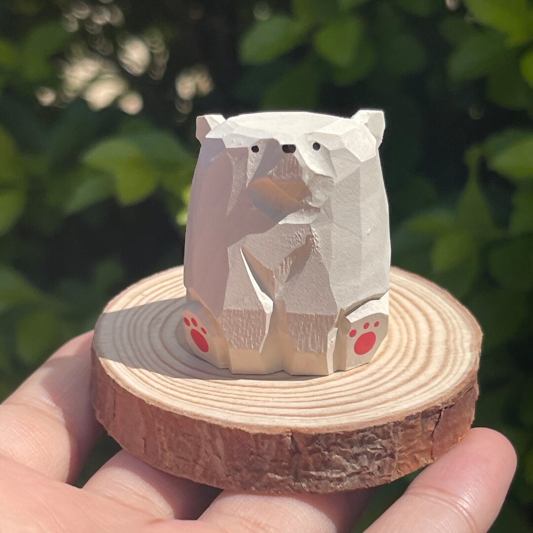 White Hand Carved Mini Wood Bears, Small Wood Bear, Mini Wood Carving ...