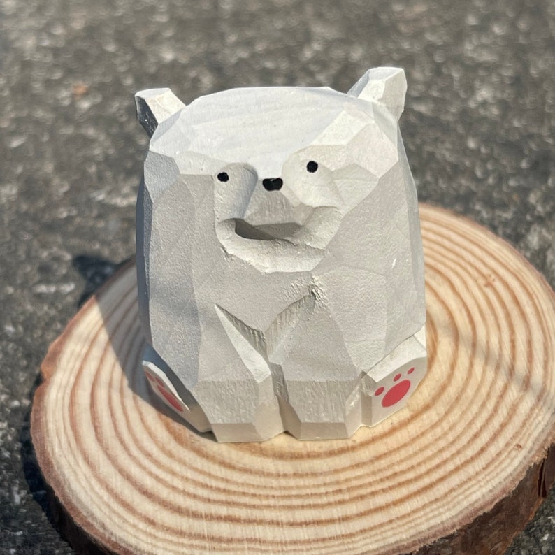 White Hand Carved Mini Wood Bears, Small Wood Bear, Mini Wood Carving ...
