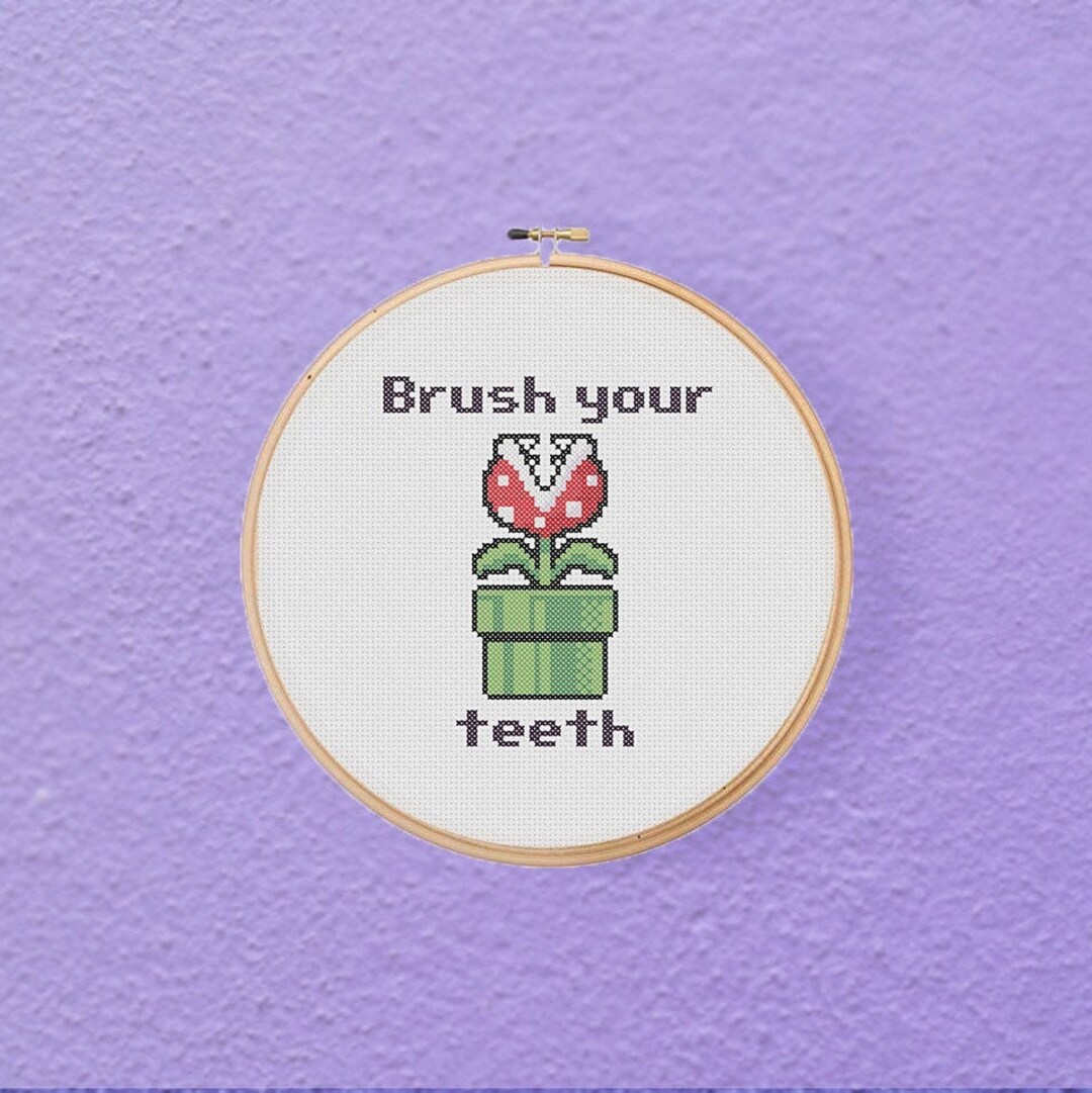 Piranha Plant Brush Teeth Mario Video Gamer Bathroom Cross Stitch ...
