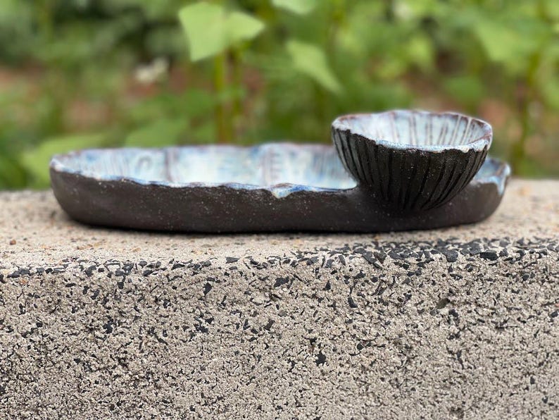 Handmade Ceramic Chip and Dip Plater, Black Clay/ Blue Glaze, Chip N ...