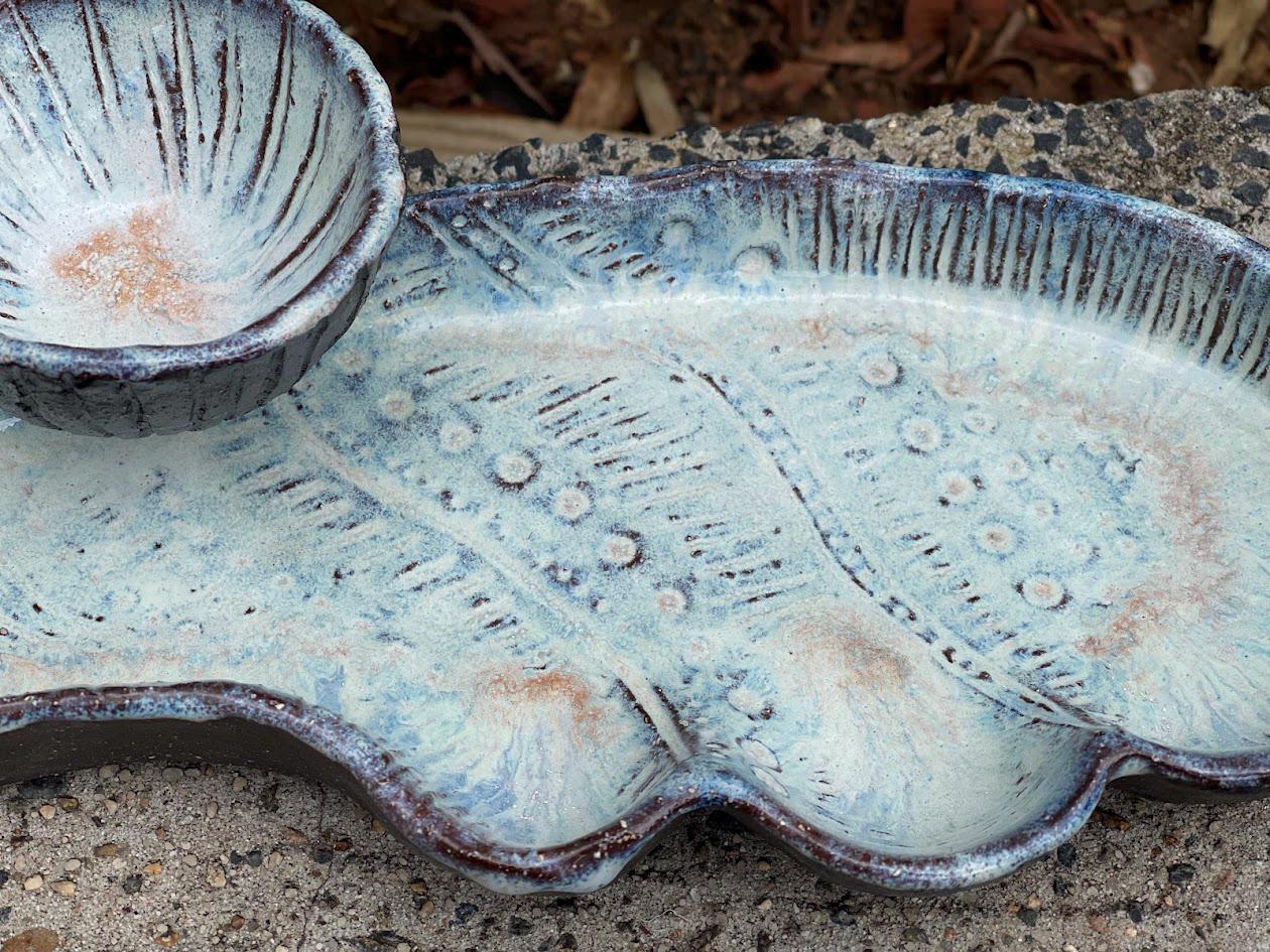 Handmade Ceramic Chip and Dip Plater, Black Clay/ Blue Glaze, Chip N ...