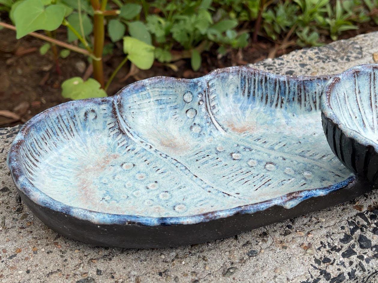 Handmade Ceramic Chip and Dip Plater, Black Clay/ Blue Glaze, Chip N ...