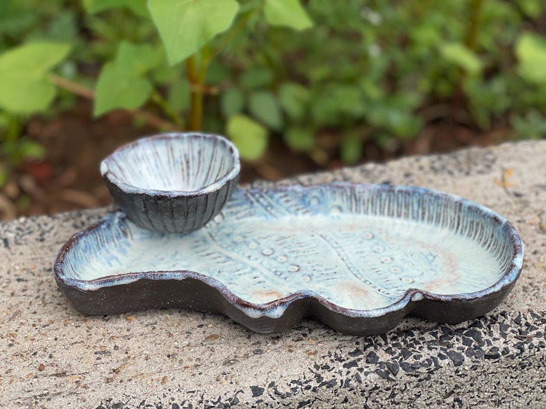 Handmade Ceramic Chip and Dip Plater, Black Clay/ Blue Glaze, Chip N ...