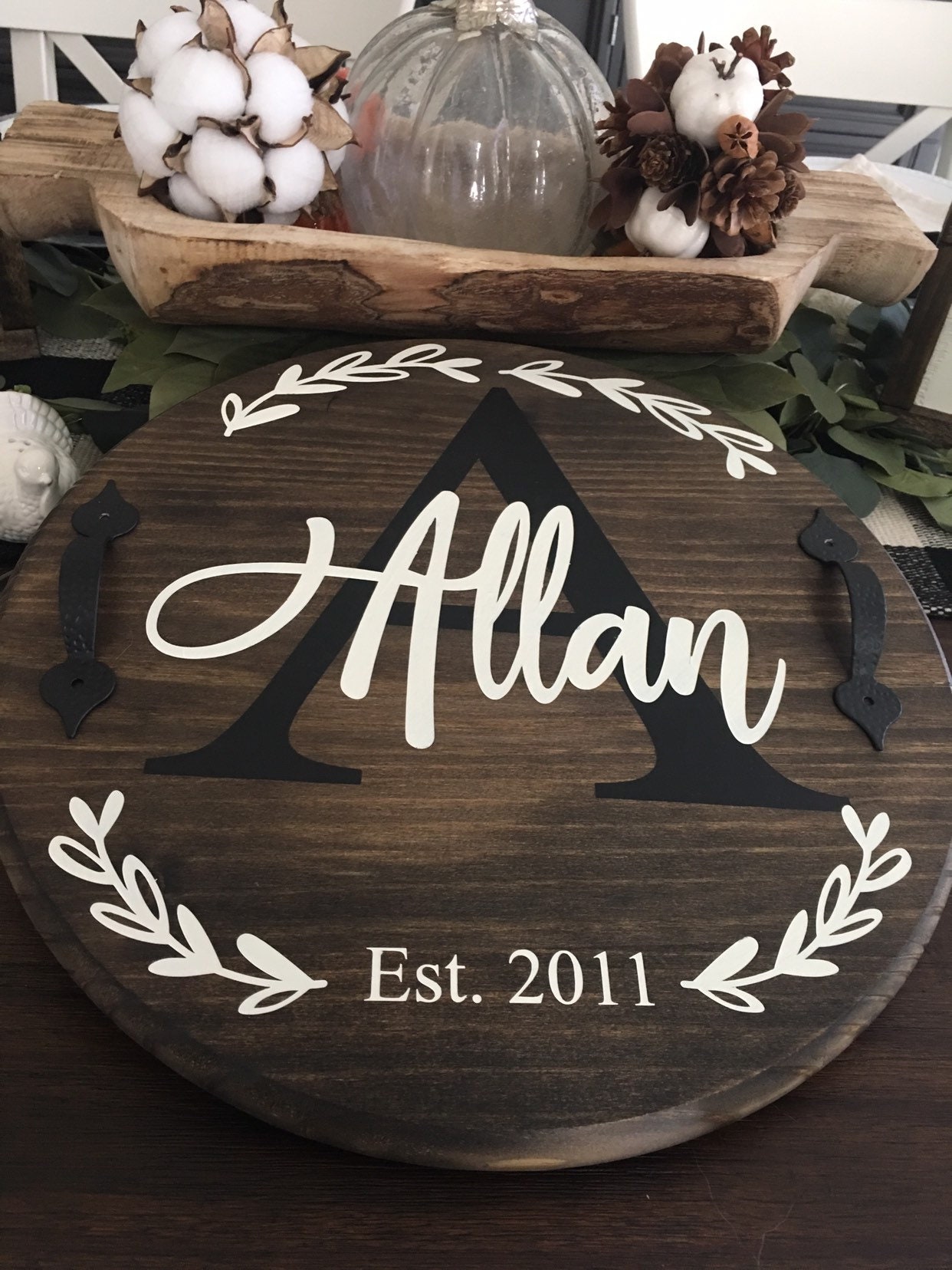 Serving Tray With Hangles Monogram Wood Round Customized Name | Etsy