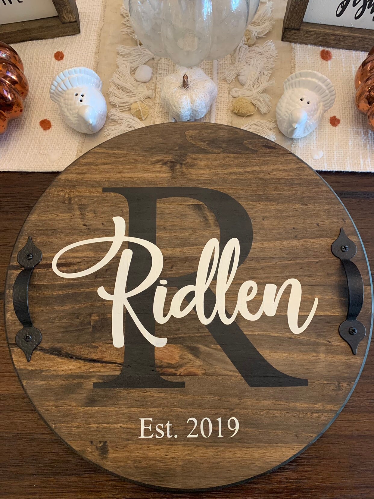 Serving Tray With Hangles Monogram Wood Round Customized Name | Etsy