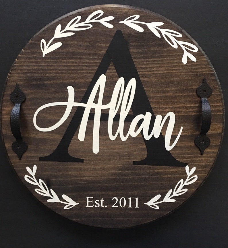Serving Tray With Hangles Monogram Wood Round Customized Name - Etsy