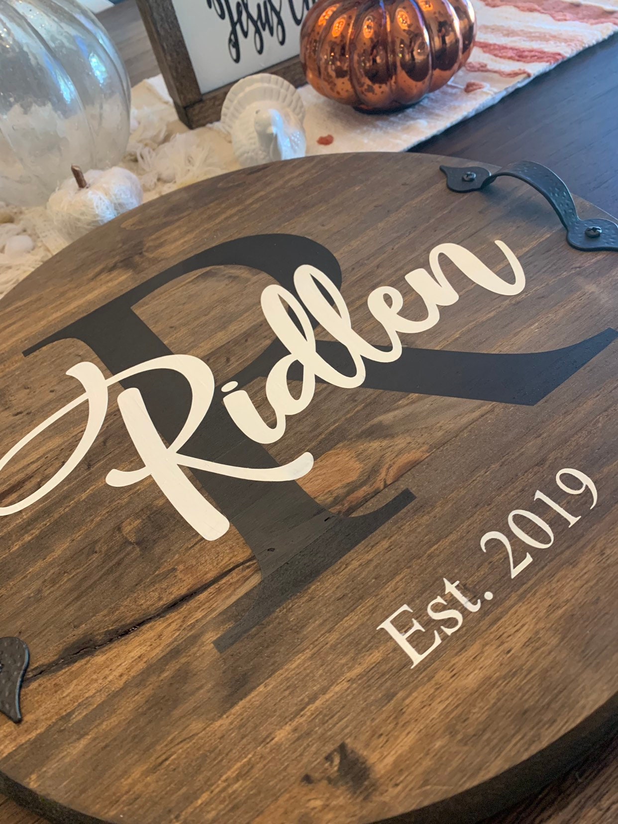 Serving Tray With Hangles Monogram Wood Round Customized Name | Etsy