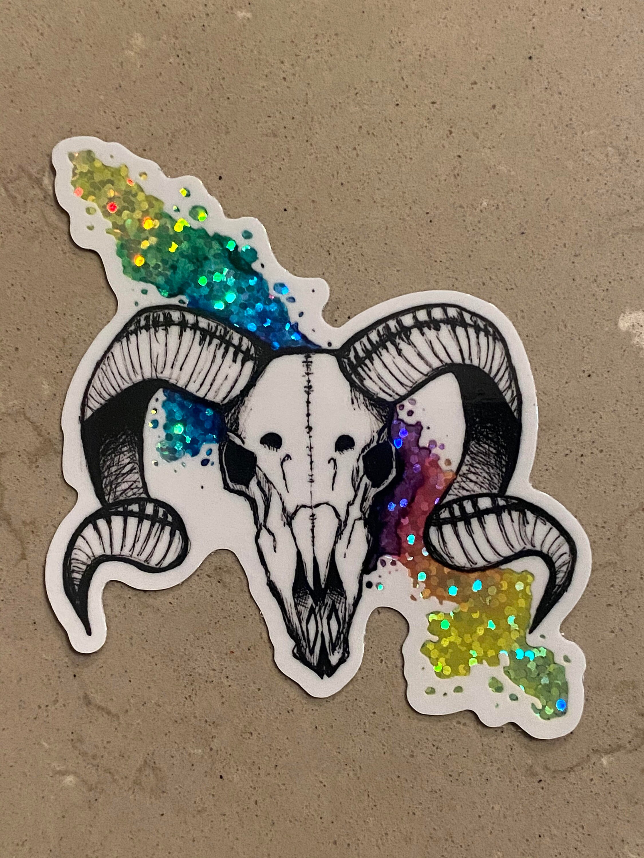 Glitter Holographic Hand-drawn Ram Skull Sticker - Etsy
